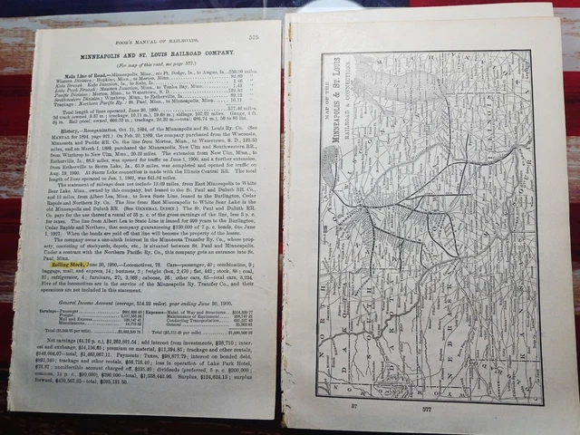 1901 TRAIN ROUTE Map + Report MINNEAPOLIS & ST LOUIS RAILROAD Morton MN ...