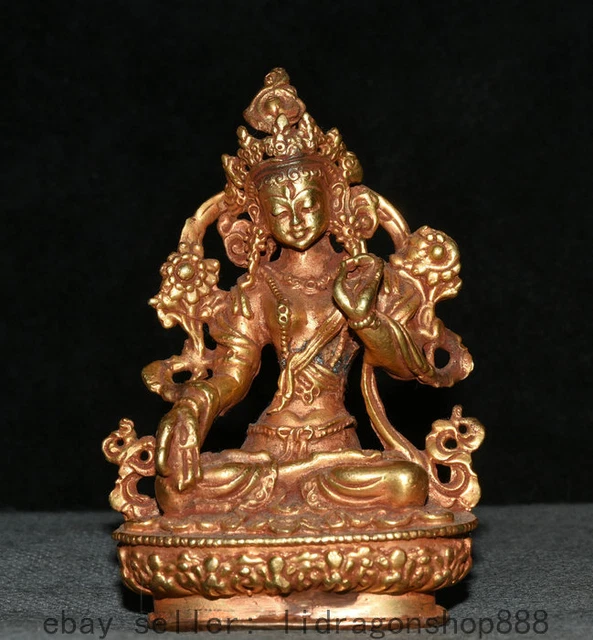 9CM VIEUX BOUDDHISME tibétain cuivre siège doré lotus 7 yeux blanc statue de tar EUR 168,00 ...