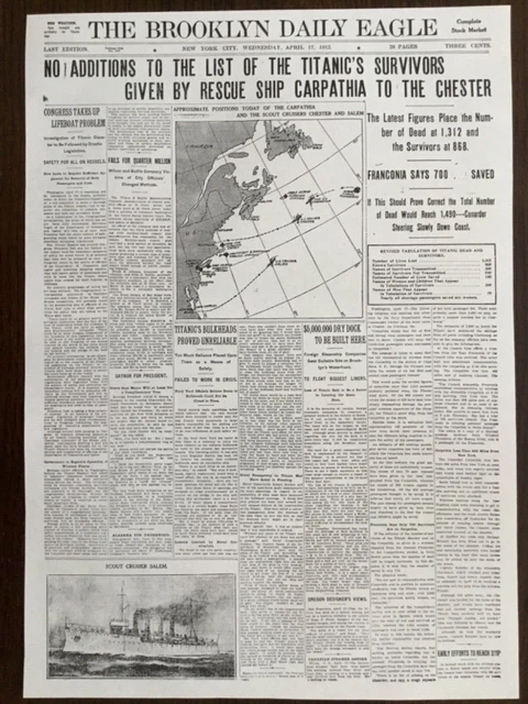 TITANIC DISASTER WED 17Th April 1912 Newspaper/Poster 1 Page, The ...