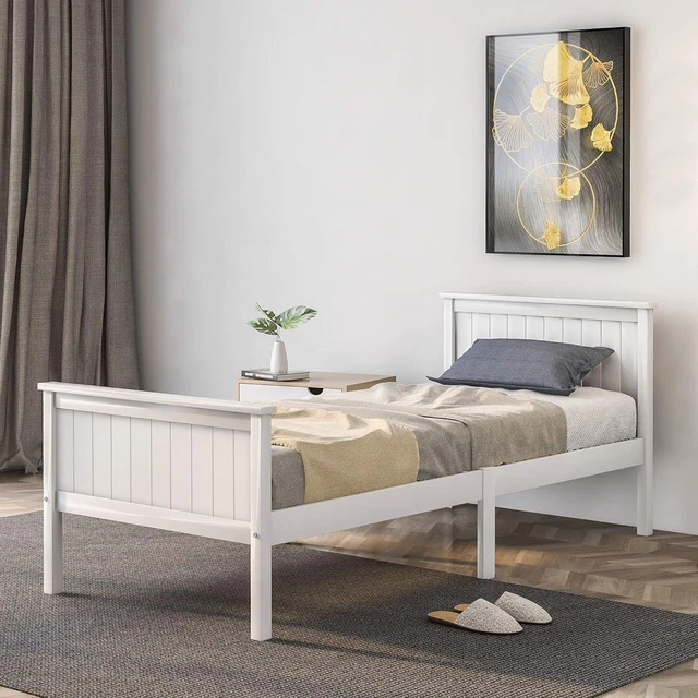 WOOD BED FRAME 90x190cm White Pine Kids Single Slat Compact Durable UK ...