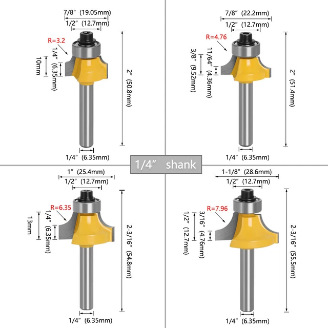 1/4& 6MM SHANK Round Over Edge Profile Router Bit, R3.2- R7.9 Radius ...