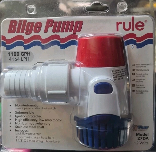 RULE 27DA NON-AUTOMATIC Bilge Water Pump 1100 GPH 12VSubmersible Marine ...
