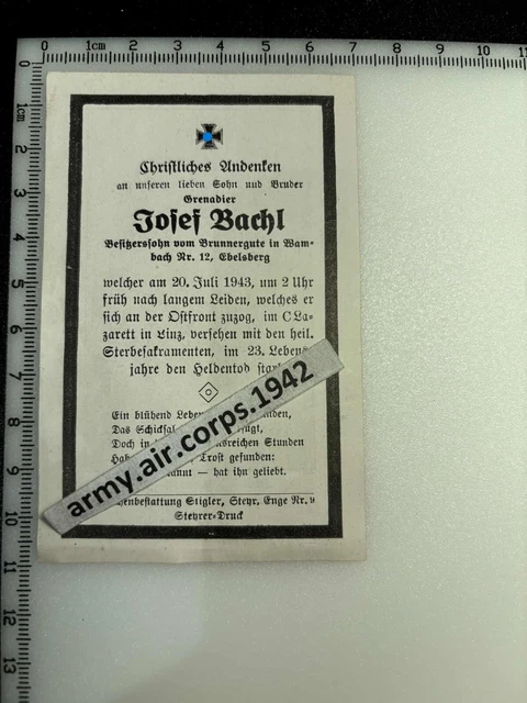 WW2 ORIGINAL GERMAN Sterbebild Death Card JOSEF BACHL Ostfront Hospital ...