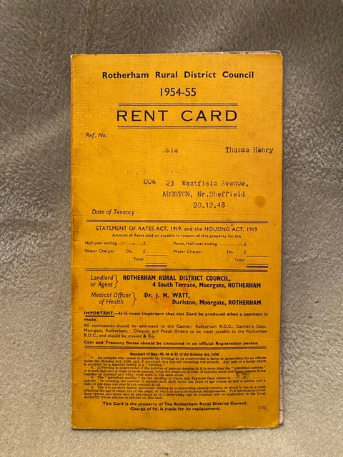 VINTAGE EPHEMERA ROTHERHAM Council Rent Book/Card Ashton Cum Aughton ...