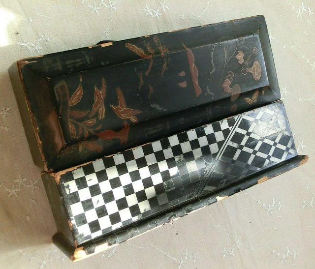 ANTIQUE JAPANESE LACQUER letter box fubako Asageo butterfly geometric ...