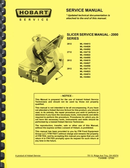 HOBART 2000 SERIES Slicer Service Manual AND Catalog of Replacement ...