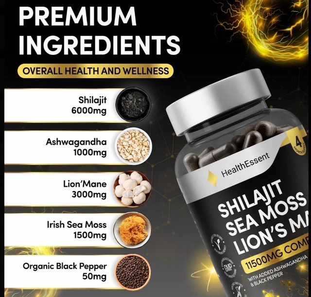 SEA MOSS SHILAJIT Lion’s Mane Supplement 11500mg Ashwagandha Black ...