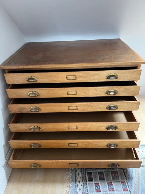 VINTAGE OAK ARCHITECT Drawers / Plan Chest with Brass Cup Handles £363. ...