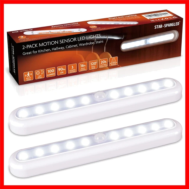 SUPER BRIGHT, EYE-SAFE Motion Sensor Lights - Indoor Battery Powered, 2 ...