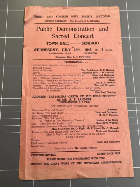VINTAGE FLYER BRITISH And Foreign Bible Society Bendigo Town Hall 1945 ...