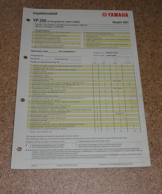 INSPEKTIONSBLATT YAMAHA YP 250 majesty Type SG041 Année 2001 EUR 5,50 ...
