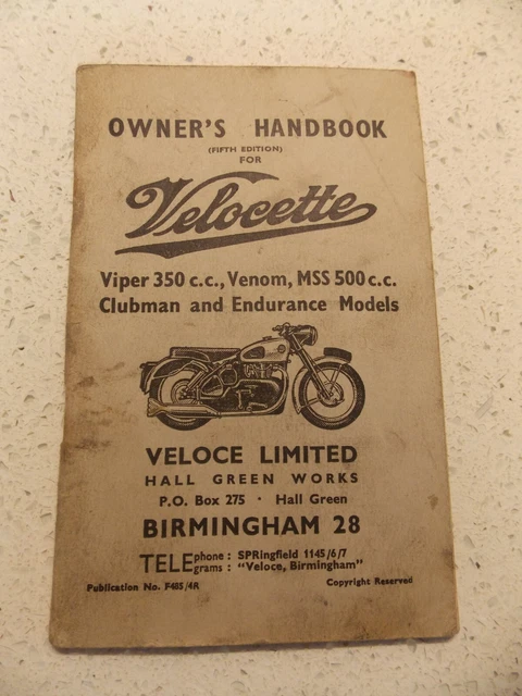 VELOCETTE OWNERS HANDBOOK 1960 VIPER 350 cc VENOM 500cc CLUBMAN ...