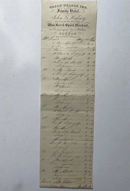 RARE EARLY VICTORIAN Receipt 1844 Green Dragon Inn And Family Hotel ...