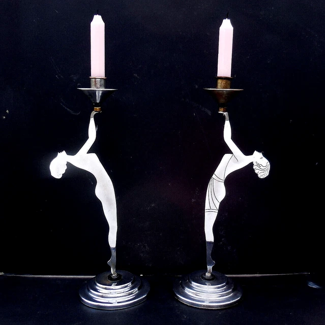 PAIR OF 2 Vintage ART DECO Chrome Plate CANDLESTICKS Nude Flapper Girl ...