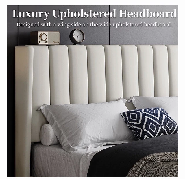 KING UPHOLSTERED BED Frame with Wing Side Channel Tufted Headboard Easy ...