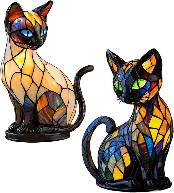LOVELY CAT LAMP,STAINED Glass Cat Lamp, Retro Cat Stained Resin Table ...