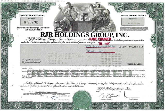 RJR HOLDINGS GROUP Inc., 1990, Debenture two 2007 ($35,025) - TOBACCO ...