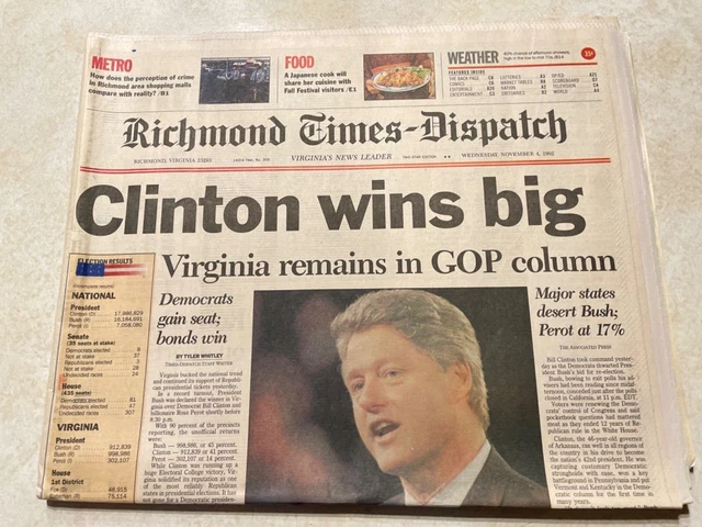 BILL CLINTON WINS Big Richmond Times-Dispatch Newspaper 11/4/1992 £16. ...