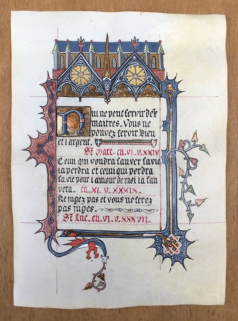 ENLUMINURE ANCIENNE PARCHEMIN Velin Église Gothique Versets Bible Moyen ...