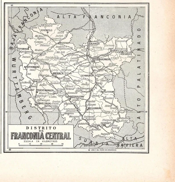CARTA GEOGRAFICA ANTICA FRANCONIA CENTRALE piccola mappa 1910 Antique ...