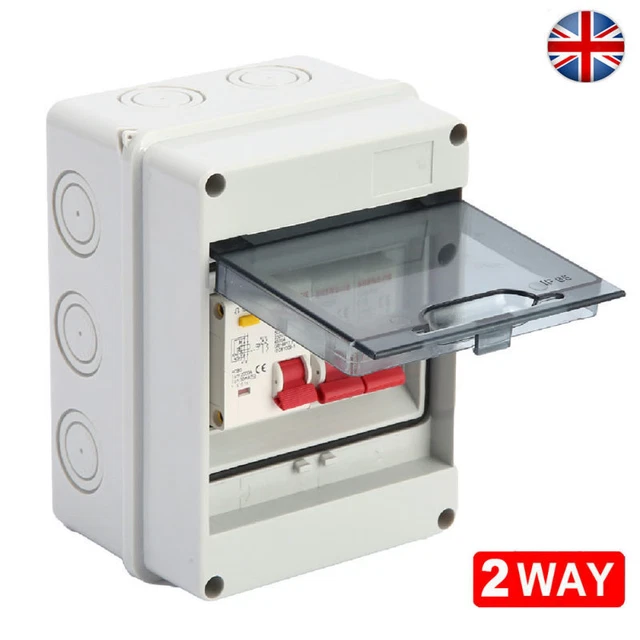 2 WAY WEATHERPROOF Garage Consumer Unit Enclosure fuses Box 2 MCB 40A ...
