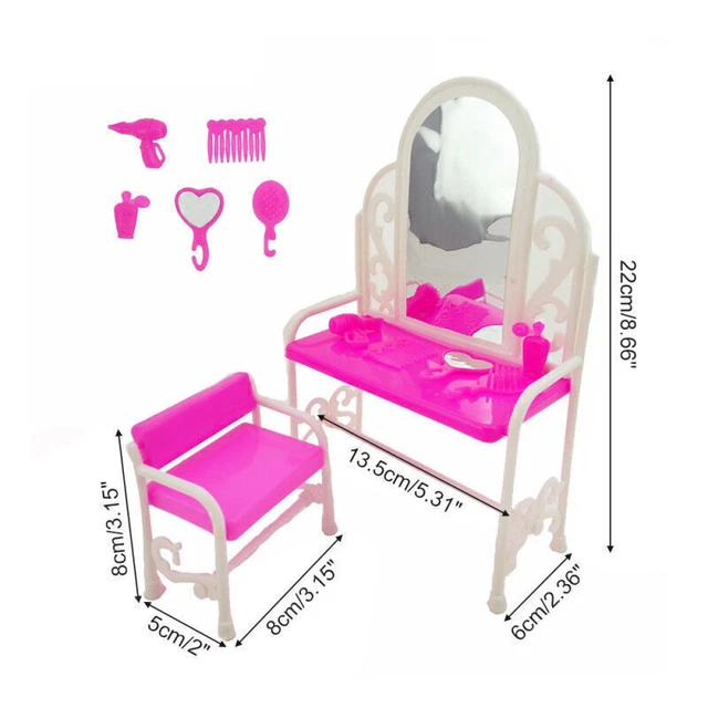 BARBIE DOLLS FURNITURE Play House Pink Bed Table Chair Set Toys Kits ...