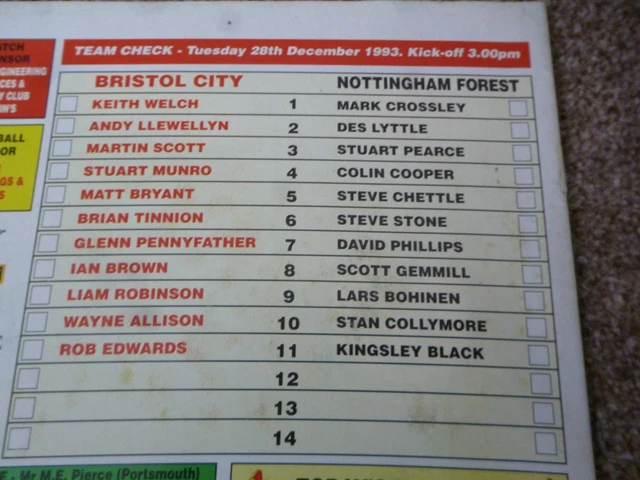 BRISTOL CITY V Nottingham Forest Tuesday 28Th December 1993 League ...