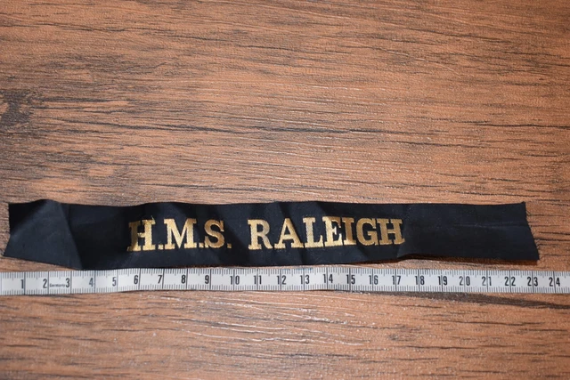 HMS RALEIGH VINTAGE Cap Tally H.M.S. Royal Navy Naval Militaria Full ...