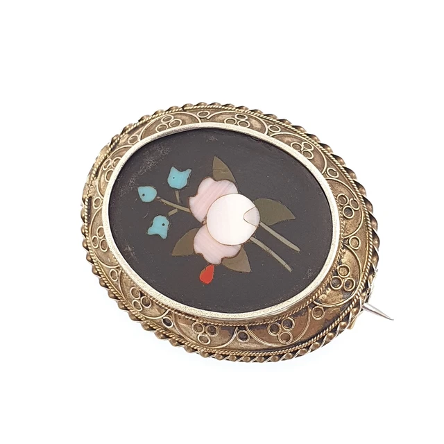 ANTIQUE VICTORIAN PIETRA Dura Brooch Solid Silver Gold Vermeil Filigree ...