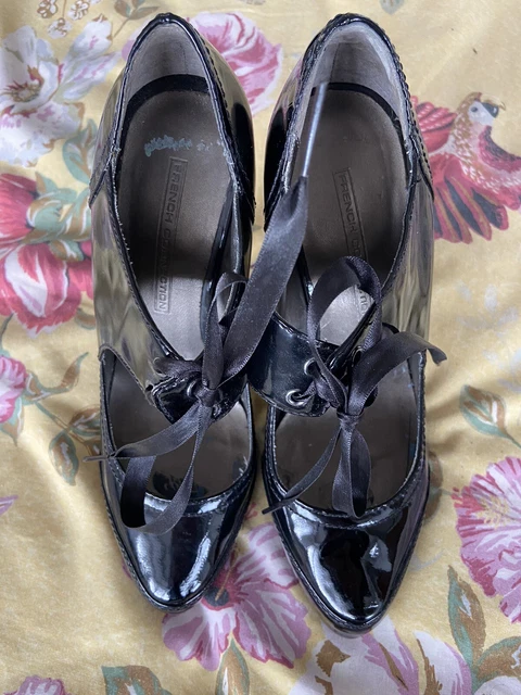UK 4 FRENCH Connection Black Patent Leather Platforms High Heel ...