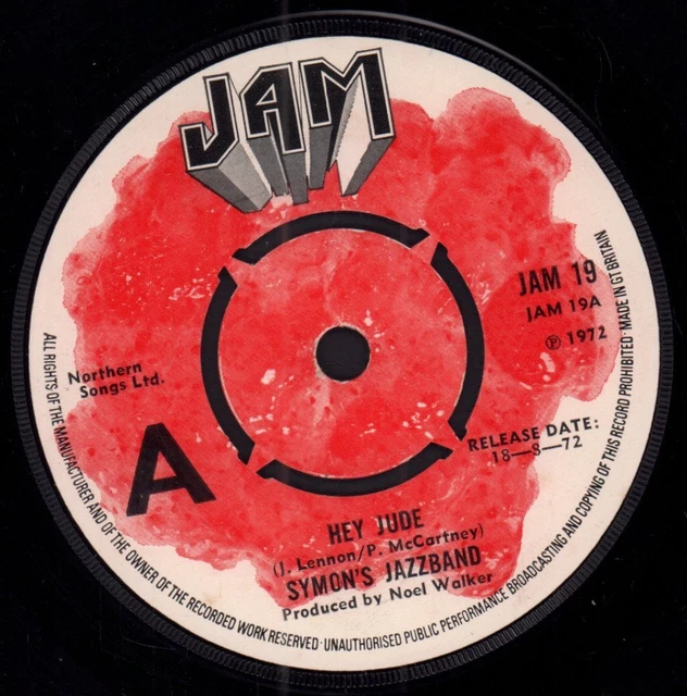 SYMON'S JAZZBAND HEY Jude 7" vinyle UK Jam 1972 4 broches label design ...
