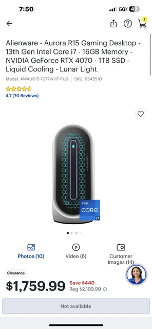 ALIENWARE - AURORA R15 Gaming Desktop -13th Gen Intel Core i7 $1,050.00 ...