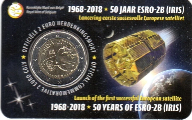 2 EUROS COMMÉMORATIVE Belgique 50 ans Satellite Esro Coin Card 2018 ...