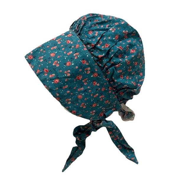 WOMENS VTG PRAIRIE Bonnet Hat Historic Costume Teal Blue Pink Floral ...