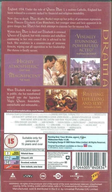 ELIZABETH, WIDESCREEN PAL VHS Video Tape, Cate Blanchett Christopher ...