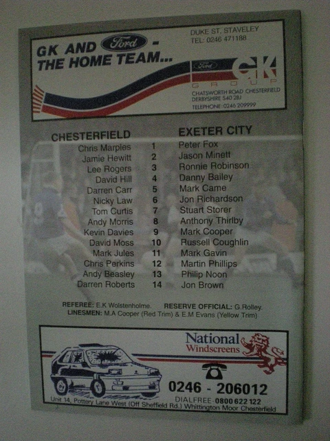 CHESTERFIELD V EXETER CITY, 13th SEPTEMBER 1994, NO WRITING, MINT ...