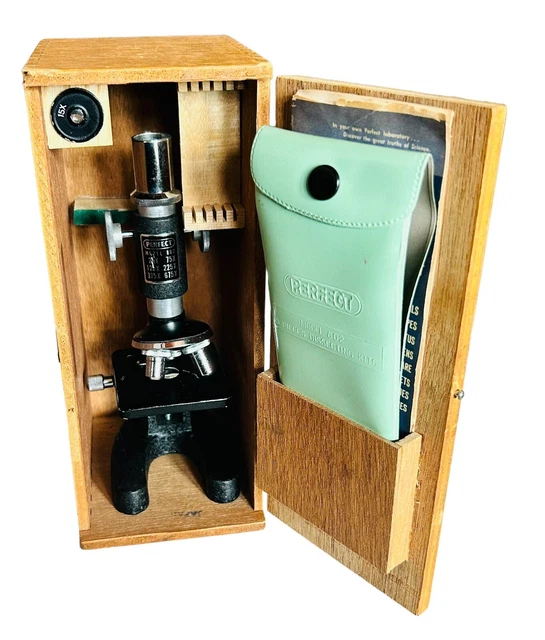 PERFECT MICROSCOPE MODEL 802 In Box Complete No Slides Vintage Wood Box ...