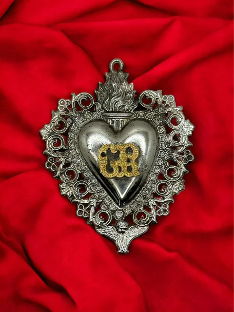 EX VOTO VINTAGE cuore sacro tattoo vintage cesellatura 9x7 cm EUR 88,00 ...