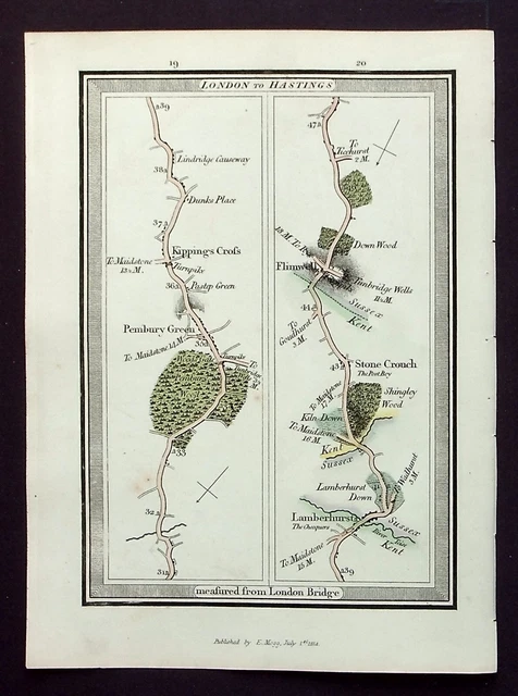 KENT, PEMBURY, LAMBERHURST, FLIMWELL, original antique road map, MOGG ...