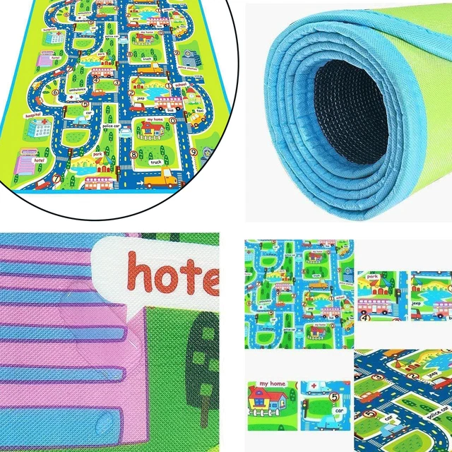 CHILDREN'S KIDS REVERSIBLE Road Map Farm Animal Cars Play Mat Rug 130cm ...