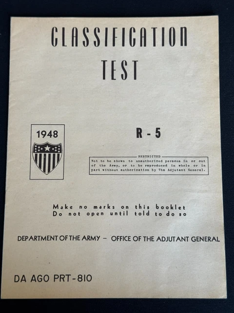 VINTAGE 1948 US Army Classification Test Booklet (R-5) - Military ...