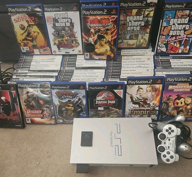 SONY PLAYSTATION 2 PS2 Silver Console Bundle 2 Controllers & 75 Games ...