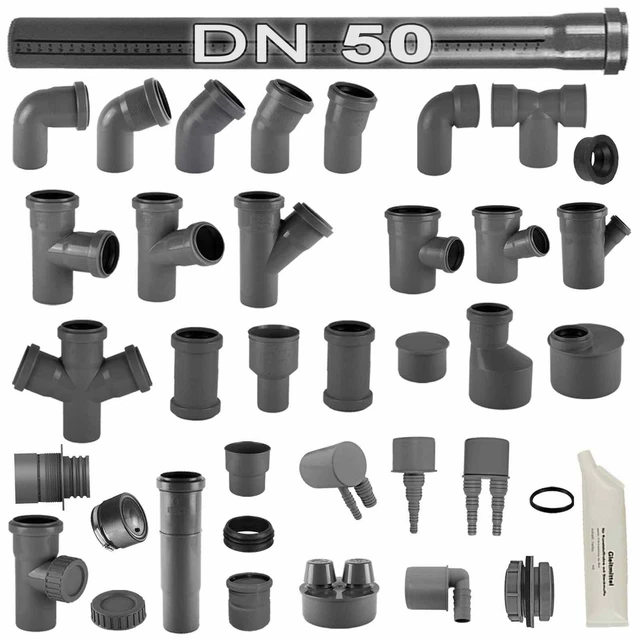 DN 50 HT Rohr Abwasserrohr Abflussrohr Bogen Muffe Abzweig Stopfen Winkel DN50 EUR 1,98 ...