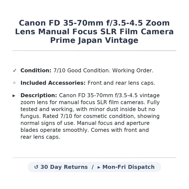 CANON FD 35-70MM f/3.5-4.5 Zoom Lens Manual Focus SLR Film Camera Prime ...