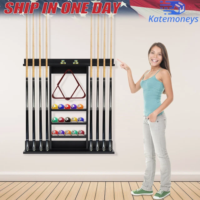 8 POOL CUE Rack Oak Wood Billiard Pool Stick Holder Organizer Wall ...