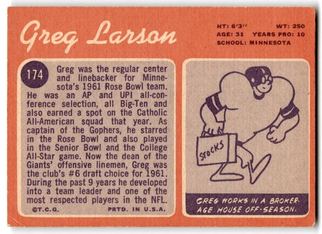 CARTE DE FOOTBALL Greg Larson 1970 Topps #174 Giants de New York - VG ...