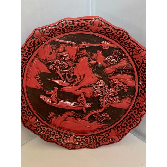 CHINESE HAND-CARVED LACQUER Red Cinnabar Resin Plate (Boat Scene) £179. ...