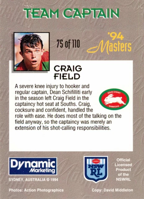 1994 SOUTH SYDNEY RABBITOHS NRL Card CRAIG FIELD Masters $4.49 ...