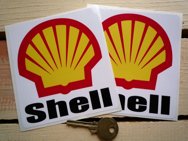 SHELL TEXT & Modern Logo Race Car STICKERS 4" Pair F1 Rally Grand Prix ...