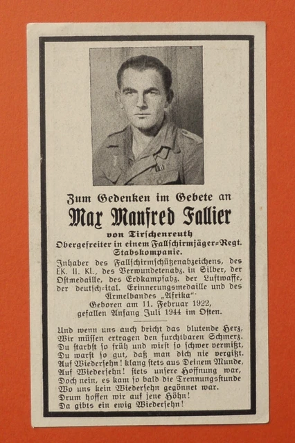 GERMAN DEATH CARD Airborne Paratrooper Regt 1944 ~ many awards, Africa ...